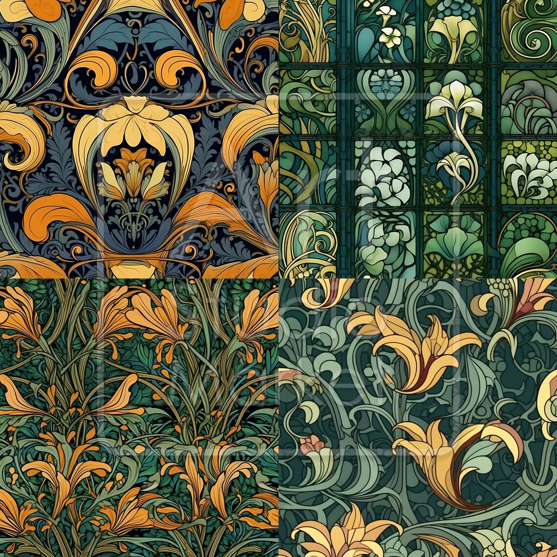 Art Nouveau Digital Paper, Seamless Art Nouveau Patterns for Printable ...