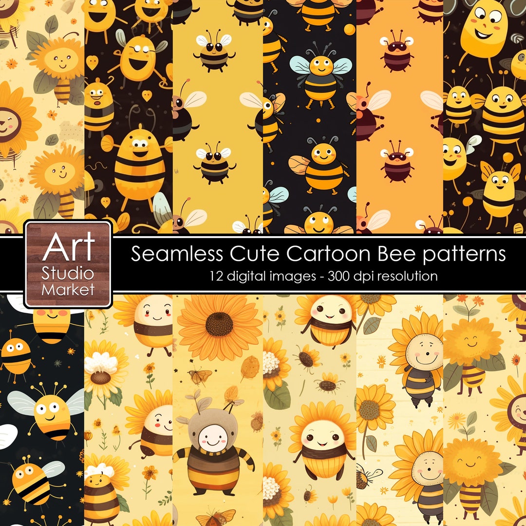 Cute Bee Digital Paper, Seamless Cute Bee Illustrations Patterns for ...