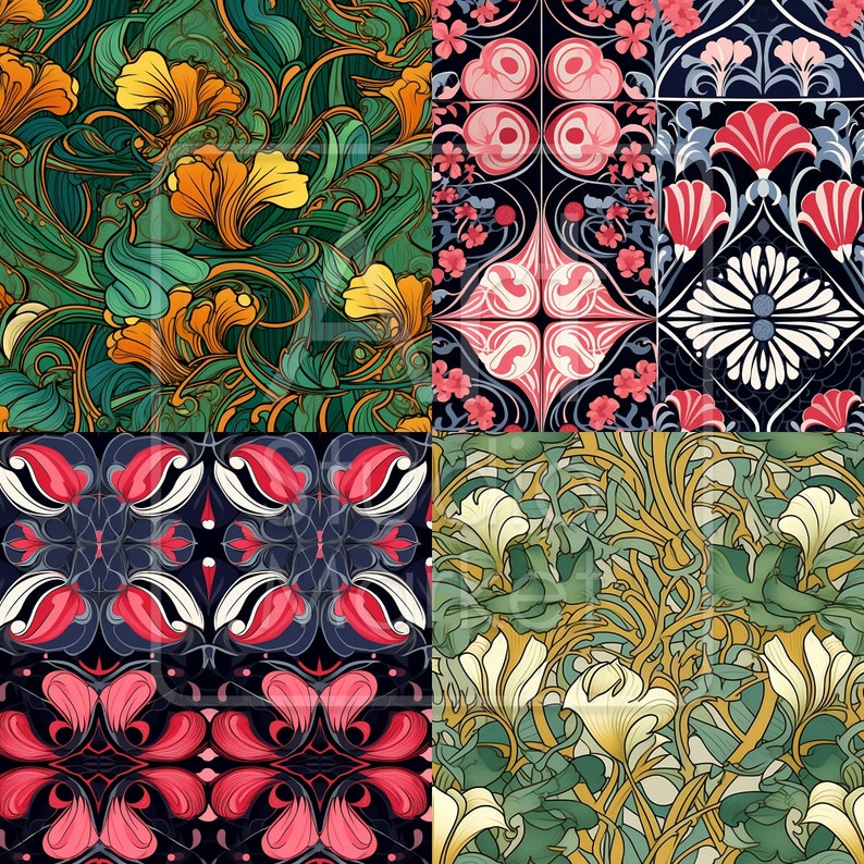 Art Nouveau Digital Paper, Seamless Art Nouveau Patterns for Printable ...