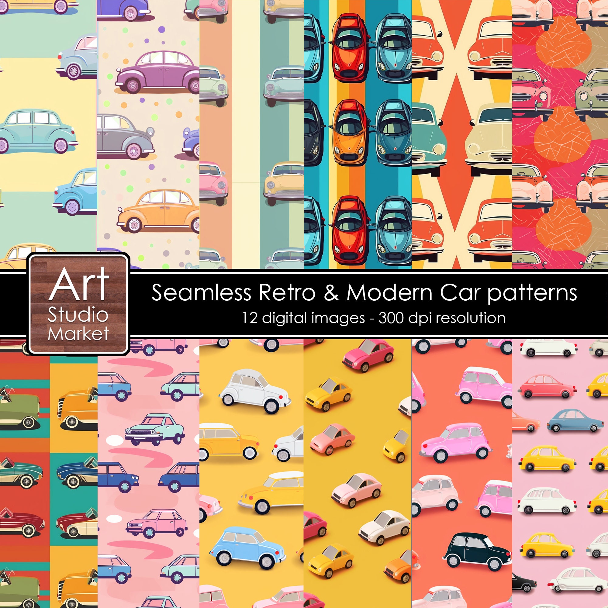 Seamless Illustrated Car Patterns. Digital Paper, Seamless Car Patterns ...