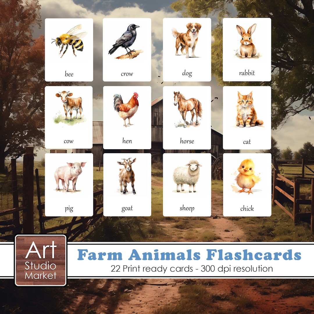 Farm Animals Flashcards • 22 Watercolor Animals Flash Cards for ...