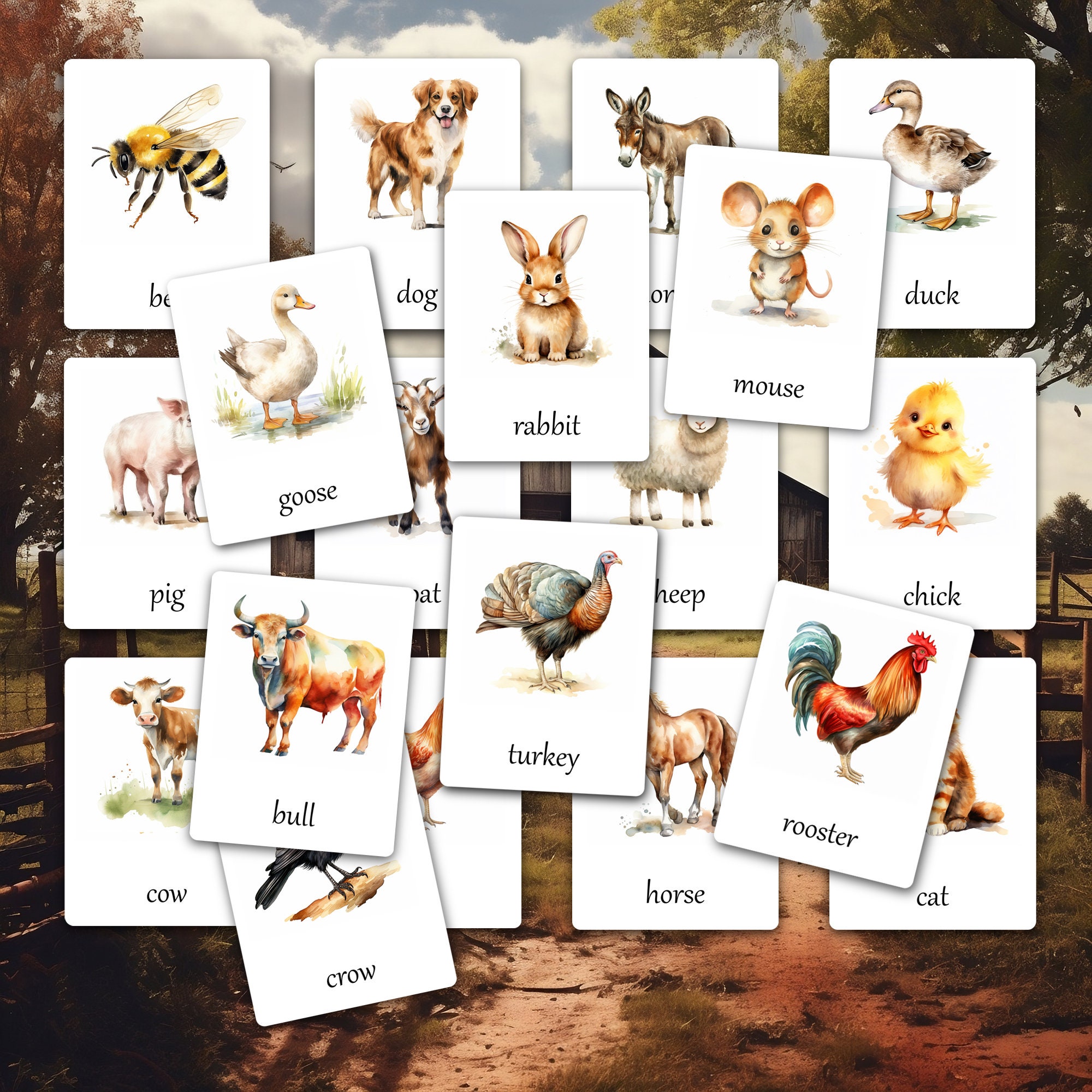 Farm Animals Flashcards • 22 Watercolor Animals Flash Cards for ...