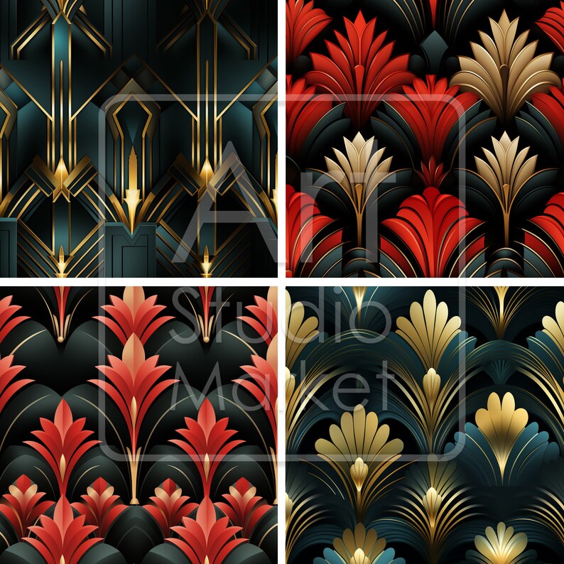 Art Deco Digital Paper, Seamless Art Deco Patterns for Printable ...