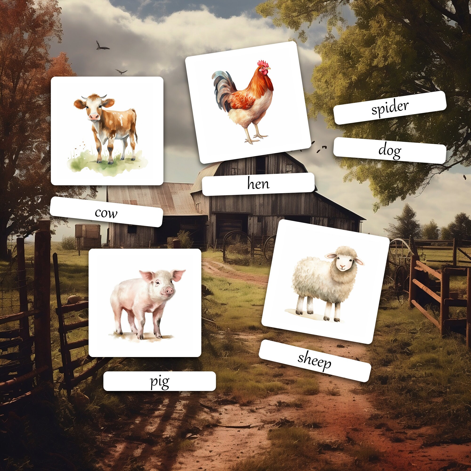 Farm Animals Flashcards • 22 Watercolor Animals Flash Cards for ...