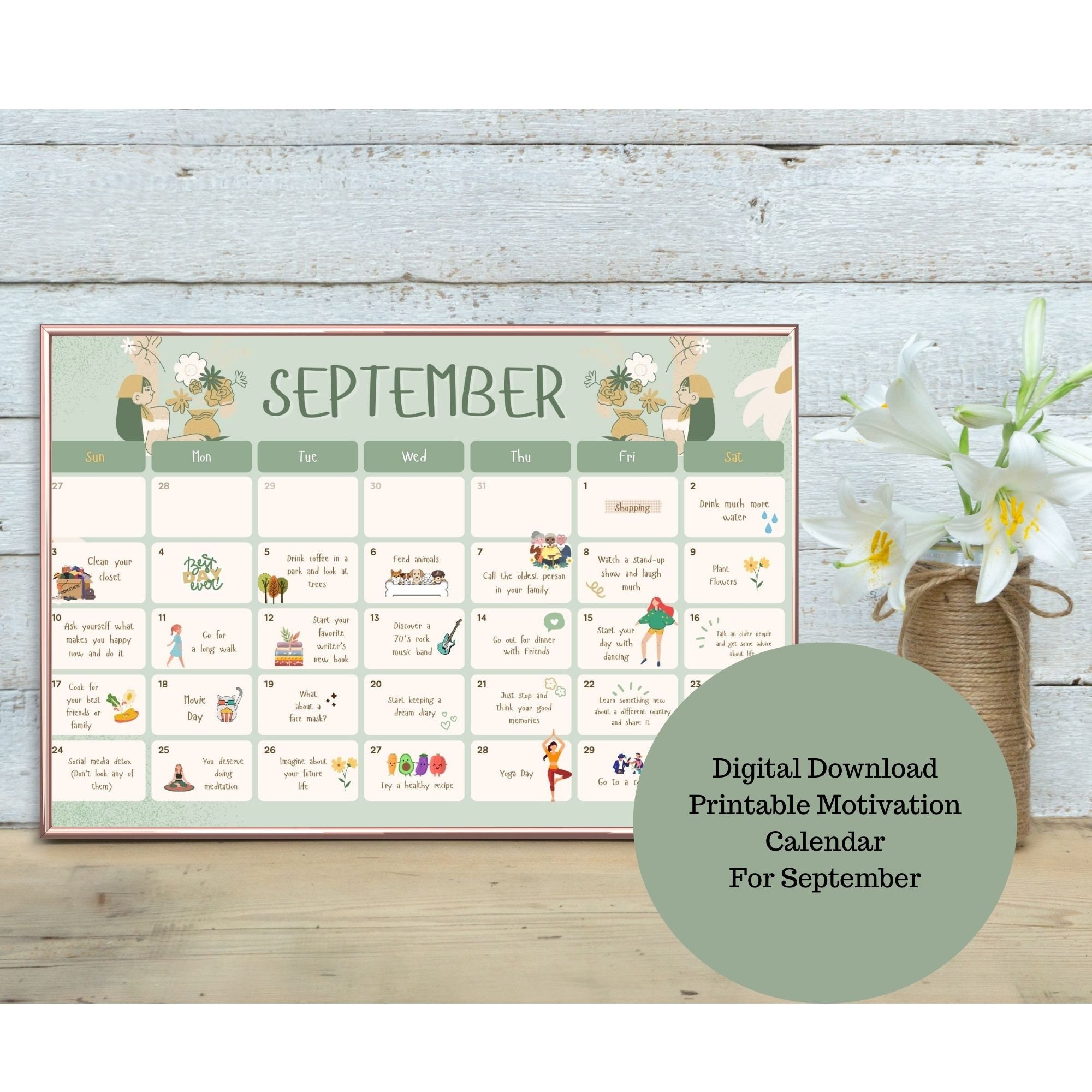 Printable September Motivation Calendar Give Some Time for - Etsy