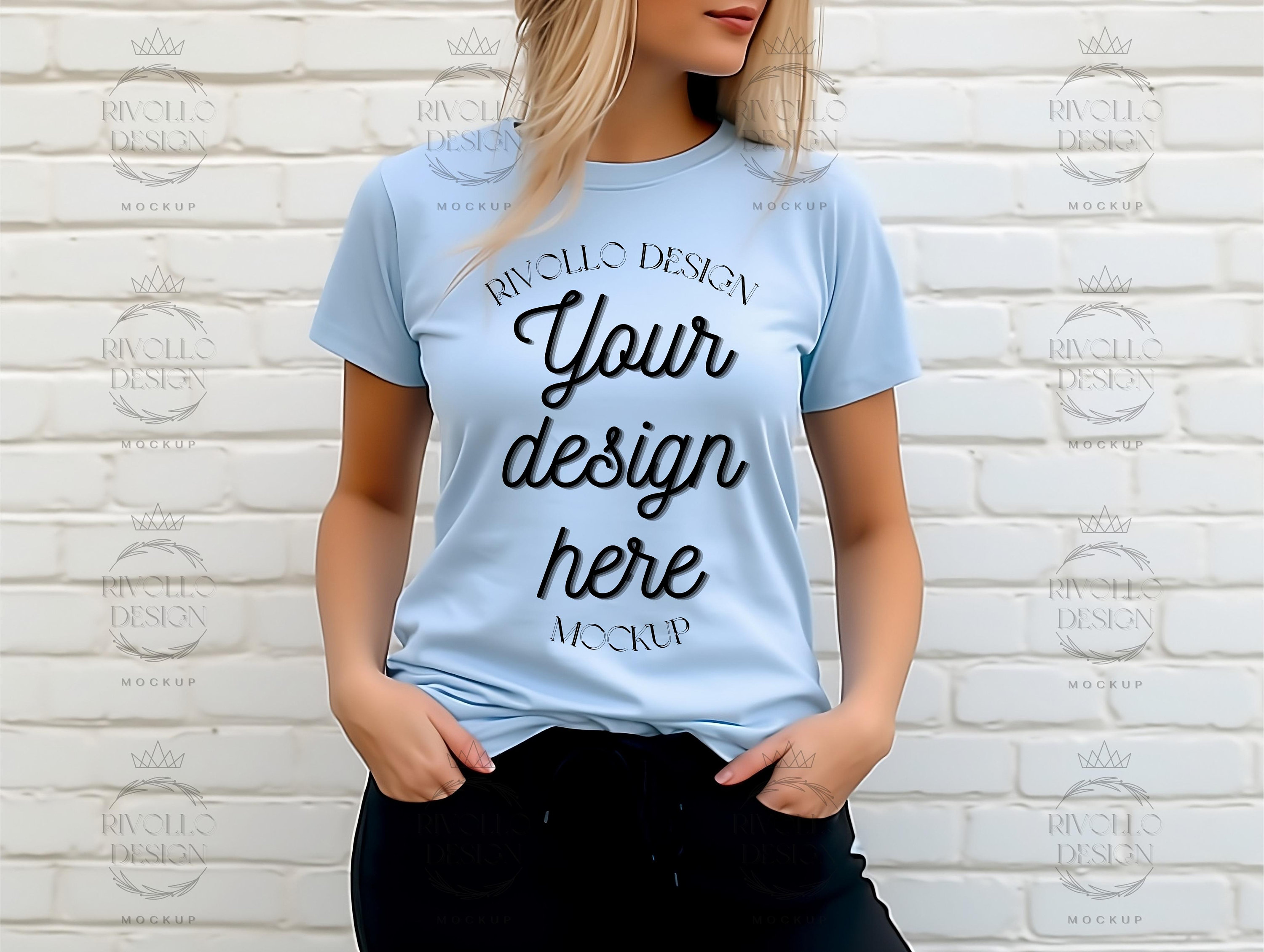 Gildan 64000 Light Blue Mockup, Gildan Light Blue Shirt Mockup, Model ...