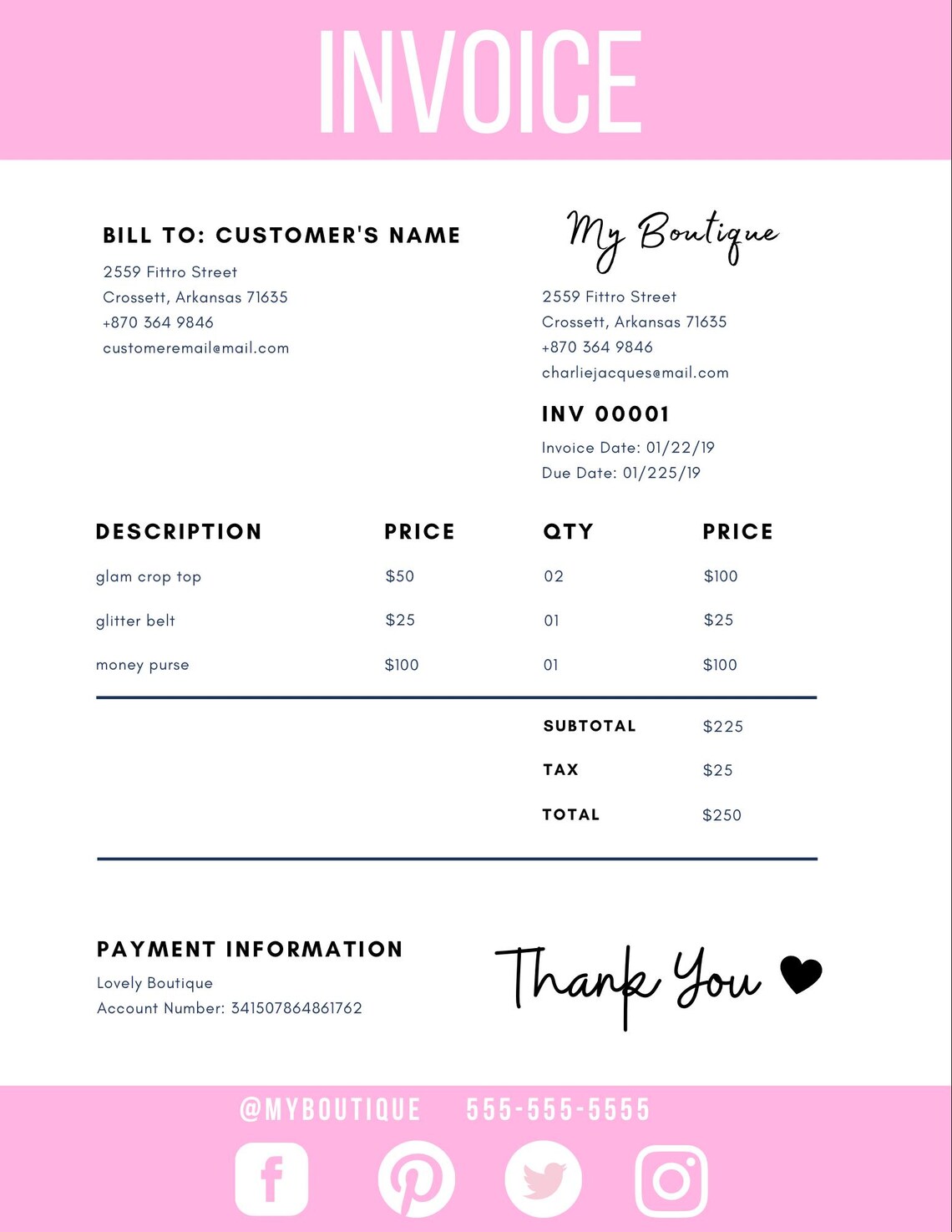Pink Invoice Template: Editable Small Business Form (canva) - Etsy