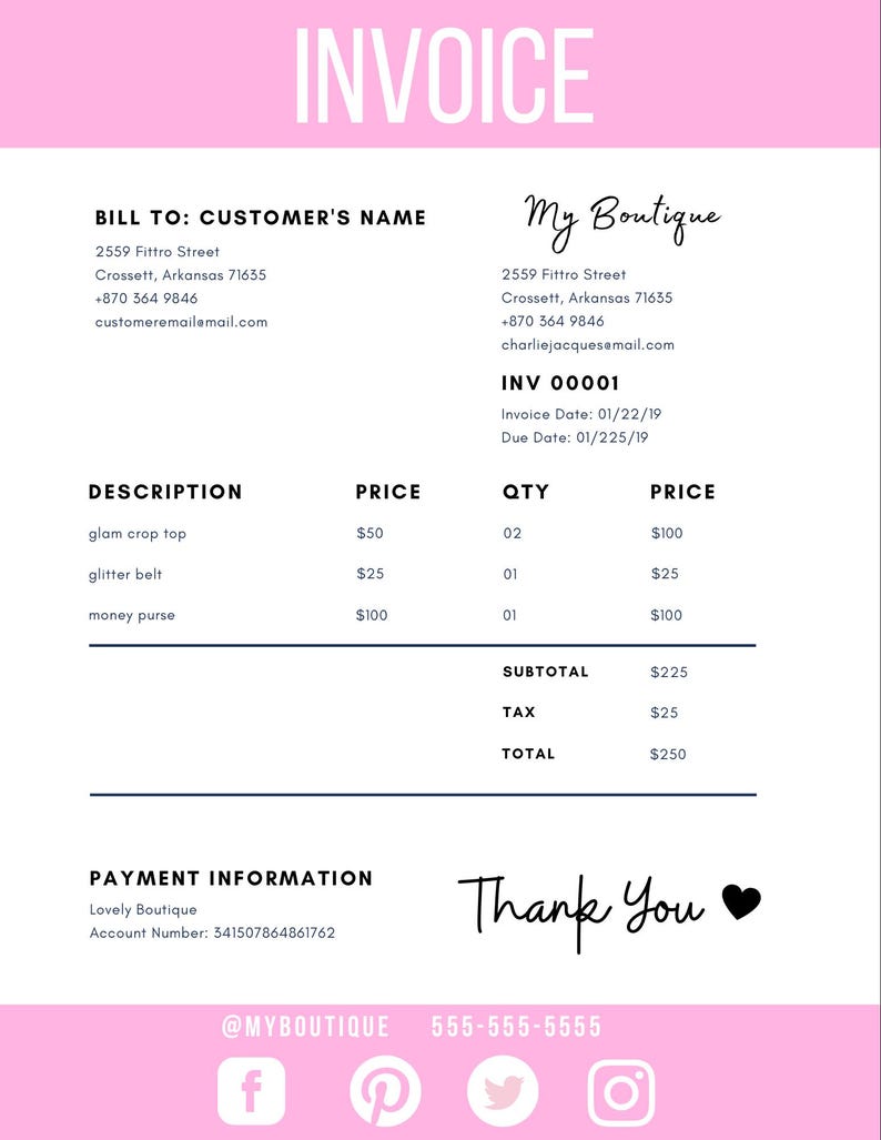 Pink Invoice Template: Editable Small Business Form (canva) - Etsy