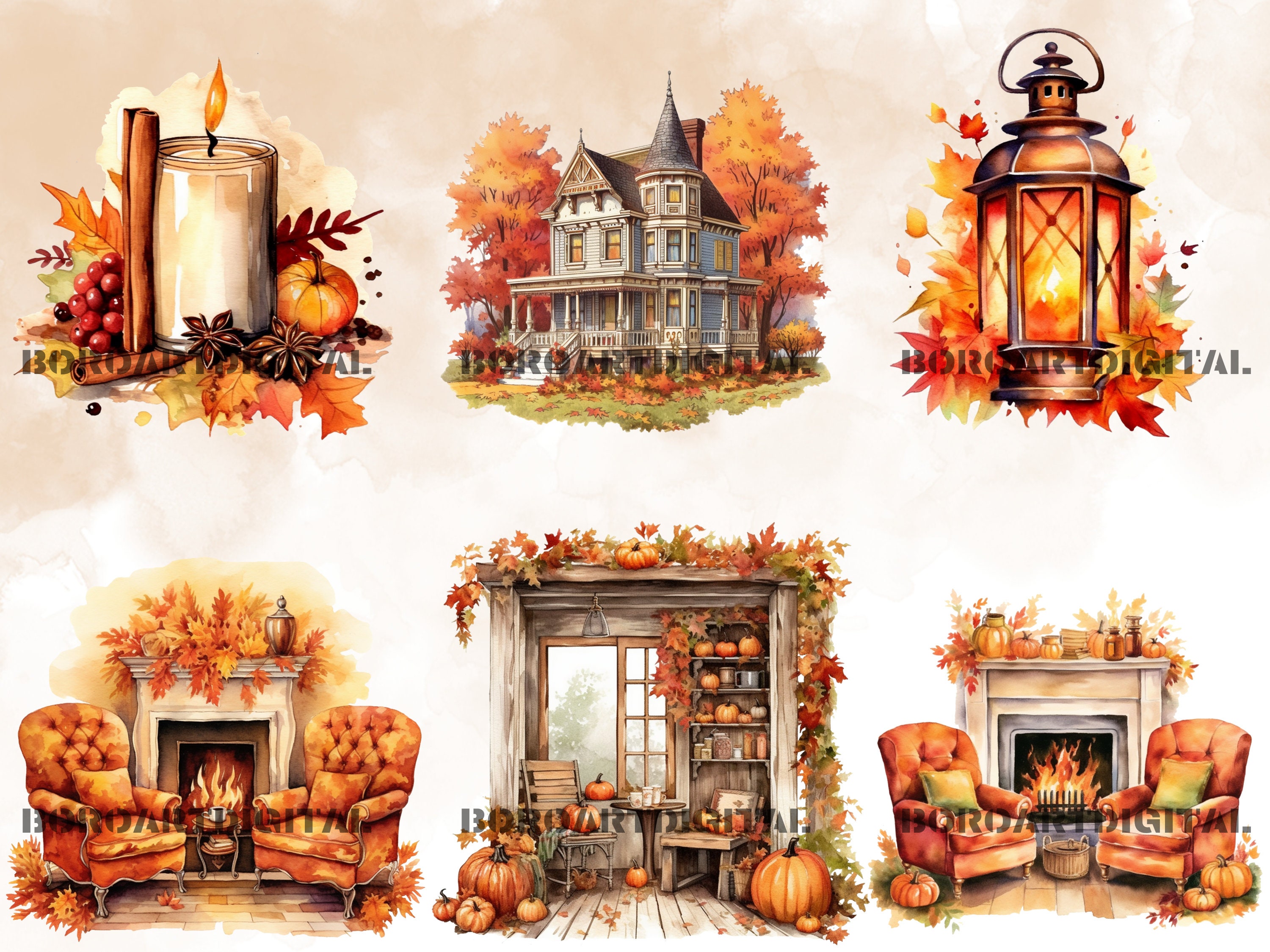 35 PNG Watercolor Cozy Fall Scenes Bundle Clipart, Autumn Fall ...
