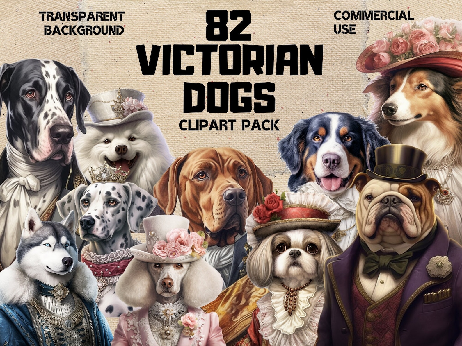82 PNG Victorian Dogs Clipart Bundle, Victorian Animals, Scrapbooking ...