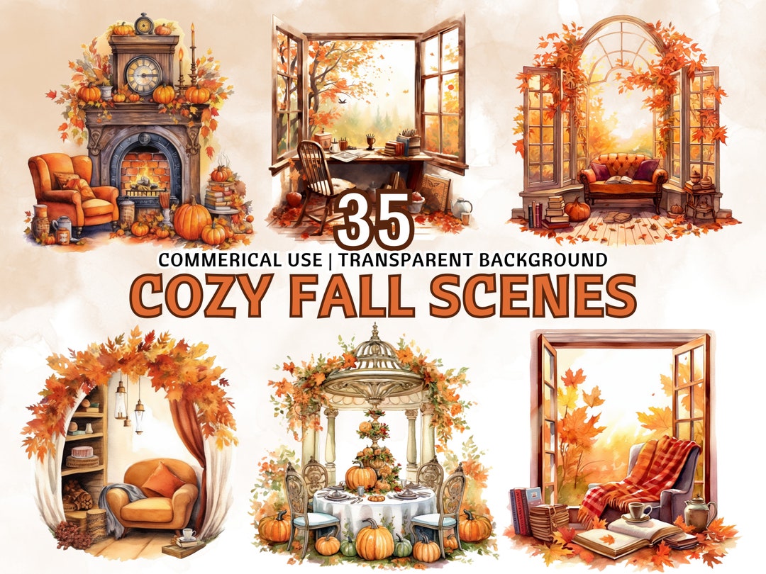 35 PNG Watercolor Cozy Fall Scenes Bundle Clipart, Autumn Fall ...