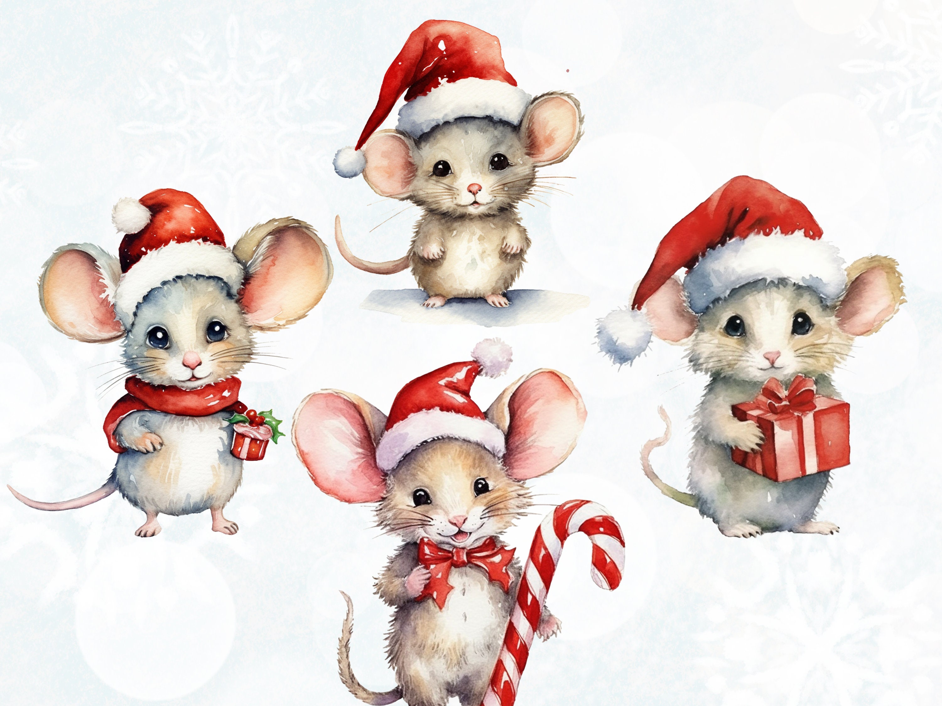 Christmas Mouse Mice Clipart Watercolor Bundle PNG Santa Hat - Etsy