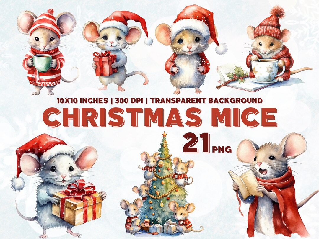 Christmas Mouse Mice Clipart Watercolor Bundle PNG Santa Hat Kids ...