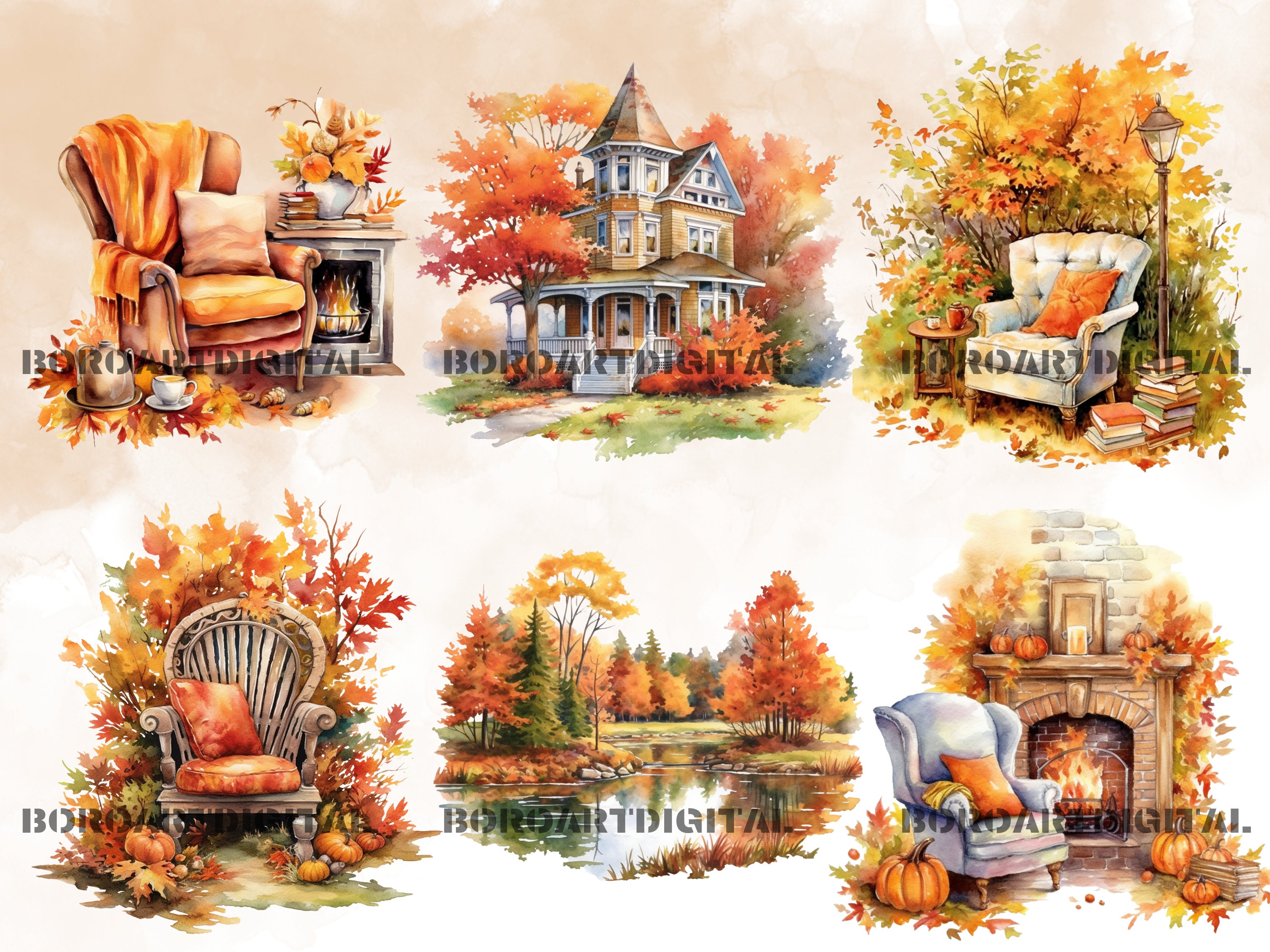 35 PNG Watercolor Cozy Fall Scenes Bundle Clipart, Autumn Fall ...
