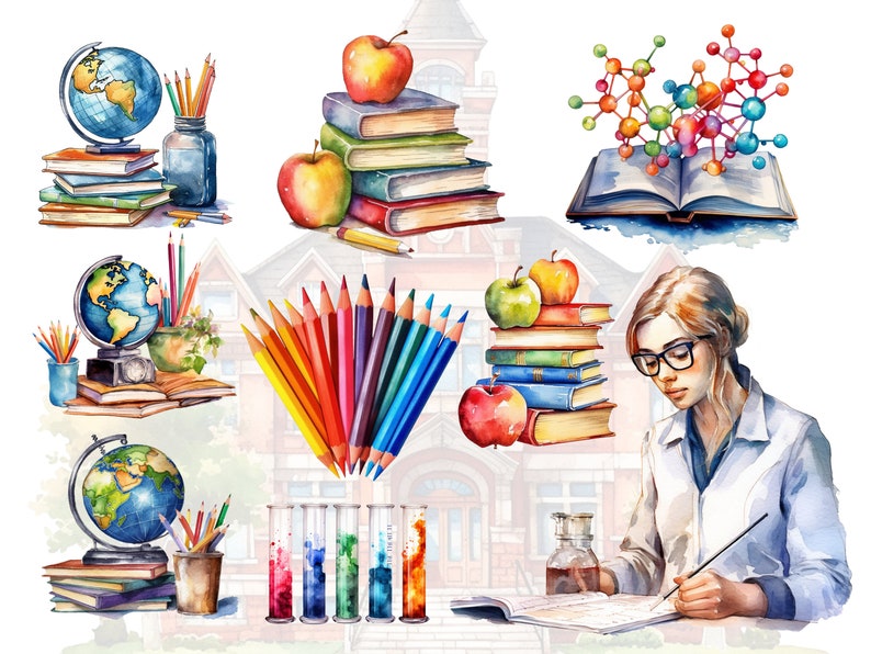 72 PNG Watercolor School Clipart, Back to School Educational, Teacher ...