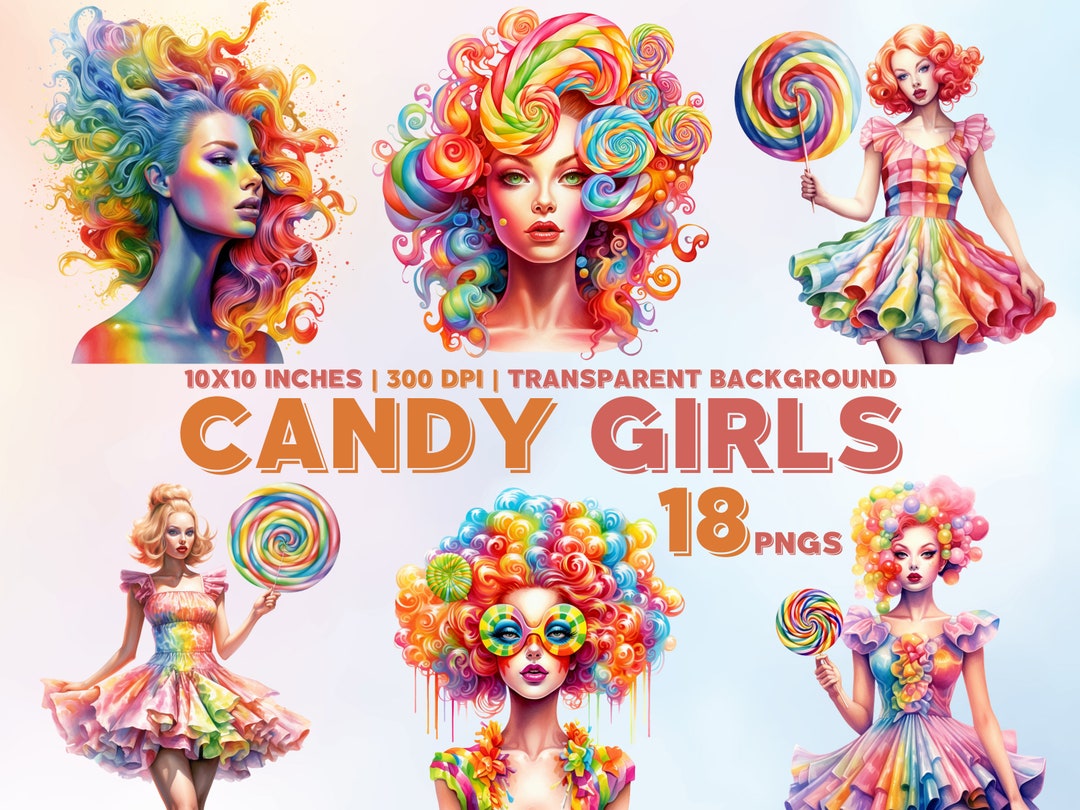 Candy Girls Watercolor Clipart Bundle PNG Transparent Background Candy ...