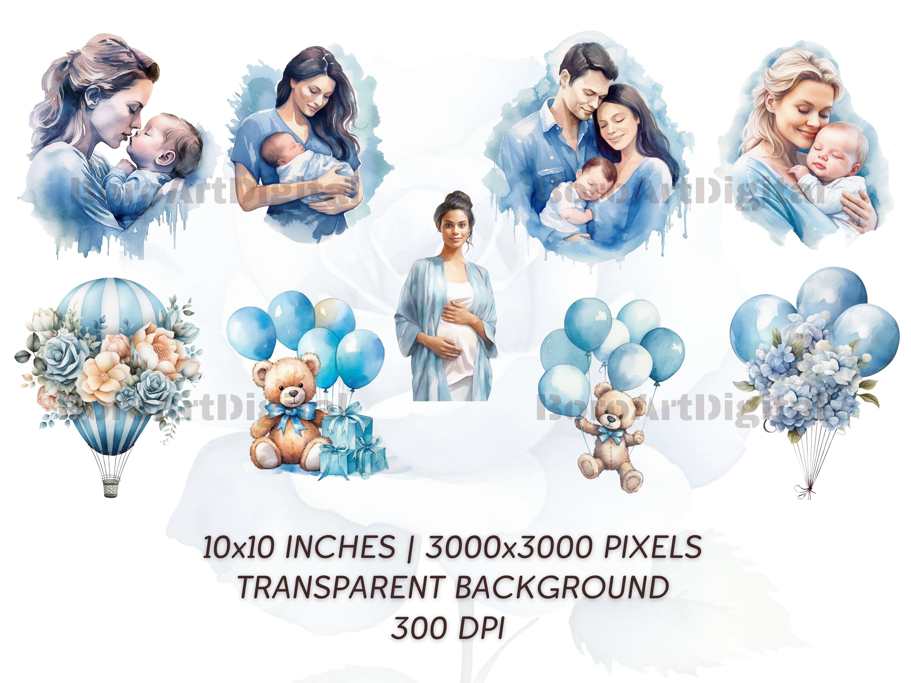 Baby Shower Boy Watercolor Clipart Bundle PNG Welcome Baby Baby Shower ...