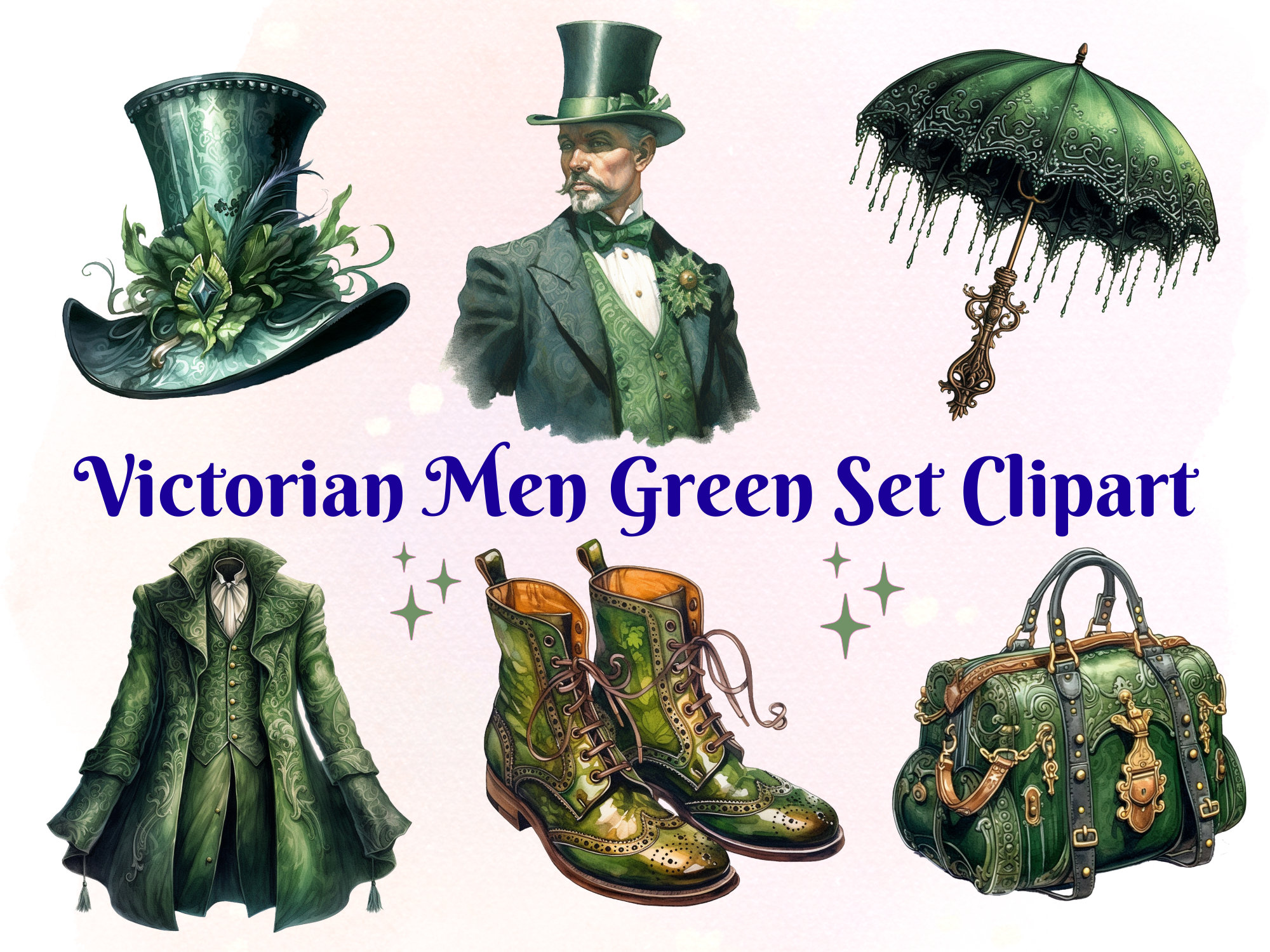 22 PNG Victorian Green Men Set Clipart, Vintage Men Bundle, Victorian ...