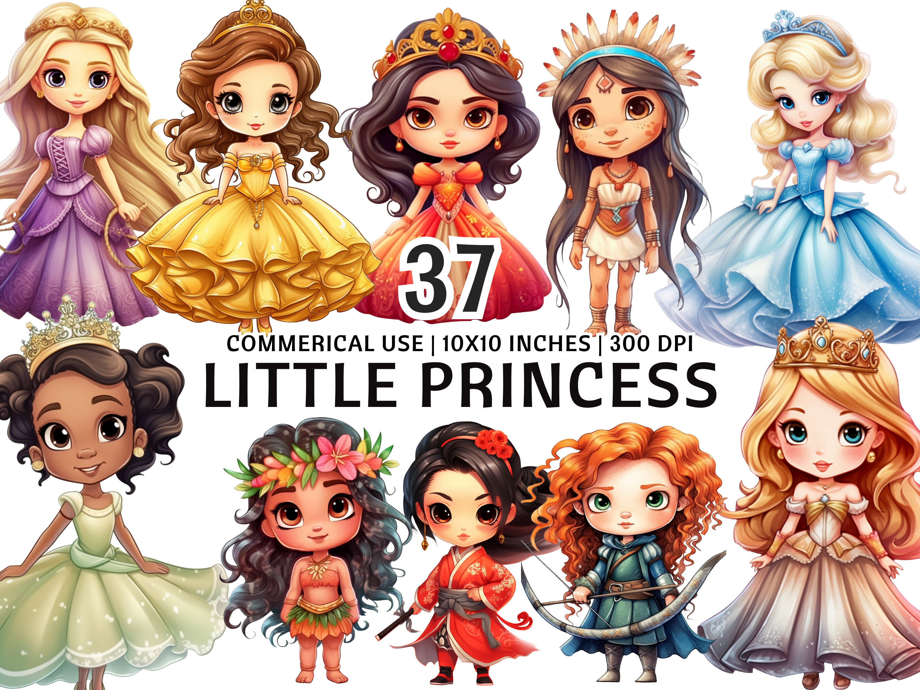 Little Cute Princess Bundle Clipart PNG, Princess Clipart, Nursery ...