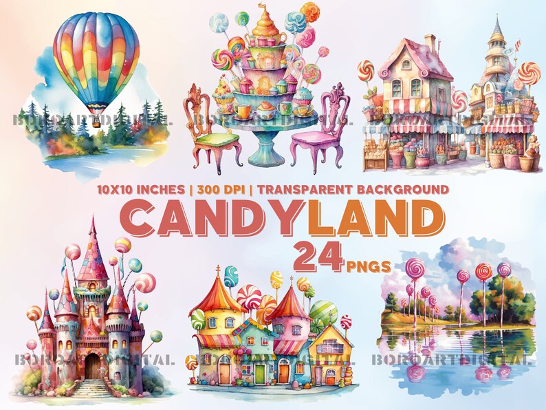 Candyland Watercolor Clipart Bundle PNG Transparent Background Candy ...