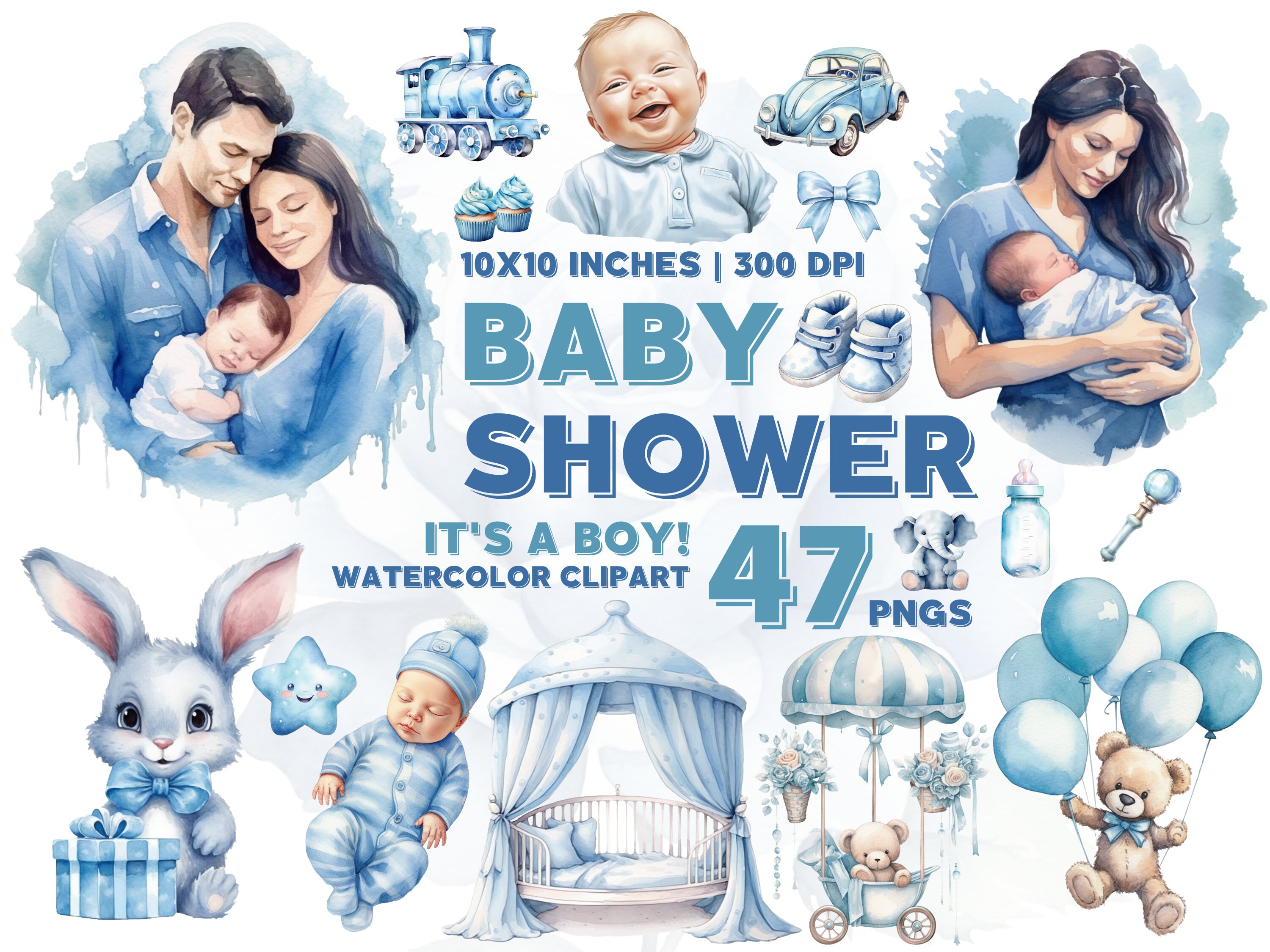 Baby Shower Boy Watercolor Clipart Bundle PNG Welcome Baby Baby Shower ...