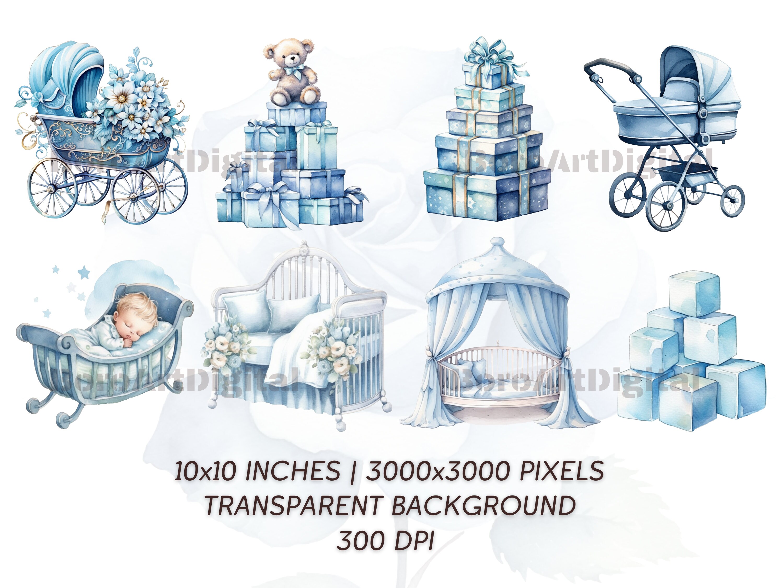 Baby Shower Boy Watercolor Clipart Bundle PNG Welcome Baby Baby Shower ...