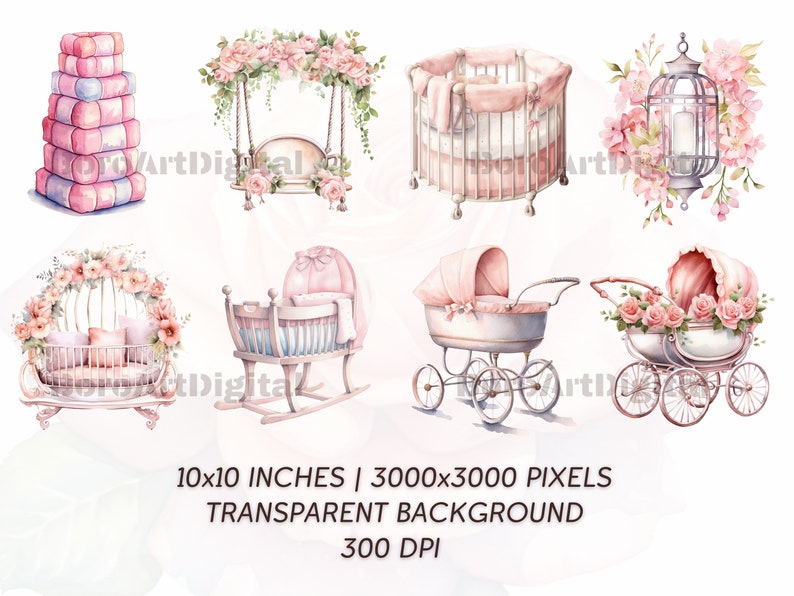 Baby Shower Girl Watercolor Clipart Bundle PNG Welcome Baby Baby Shower ...