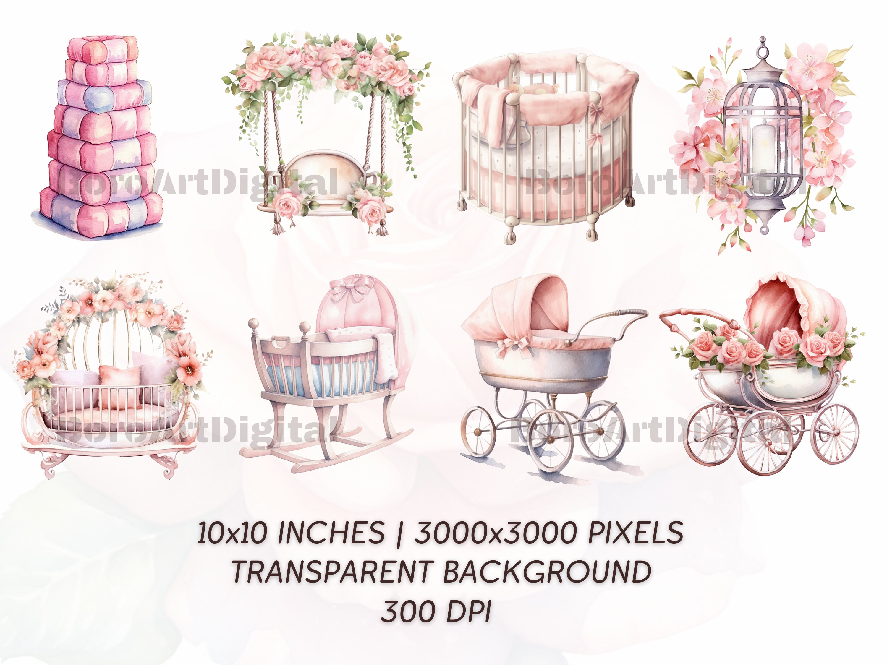 Baby Shower Girl Watercolor Clipart Bundle PNG Welcome Baby Baby Shower ...