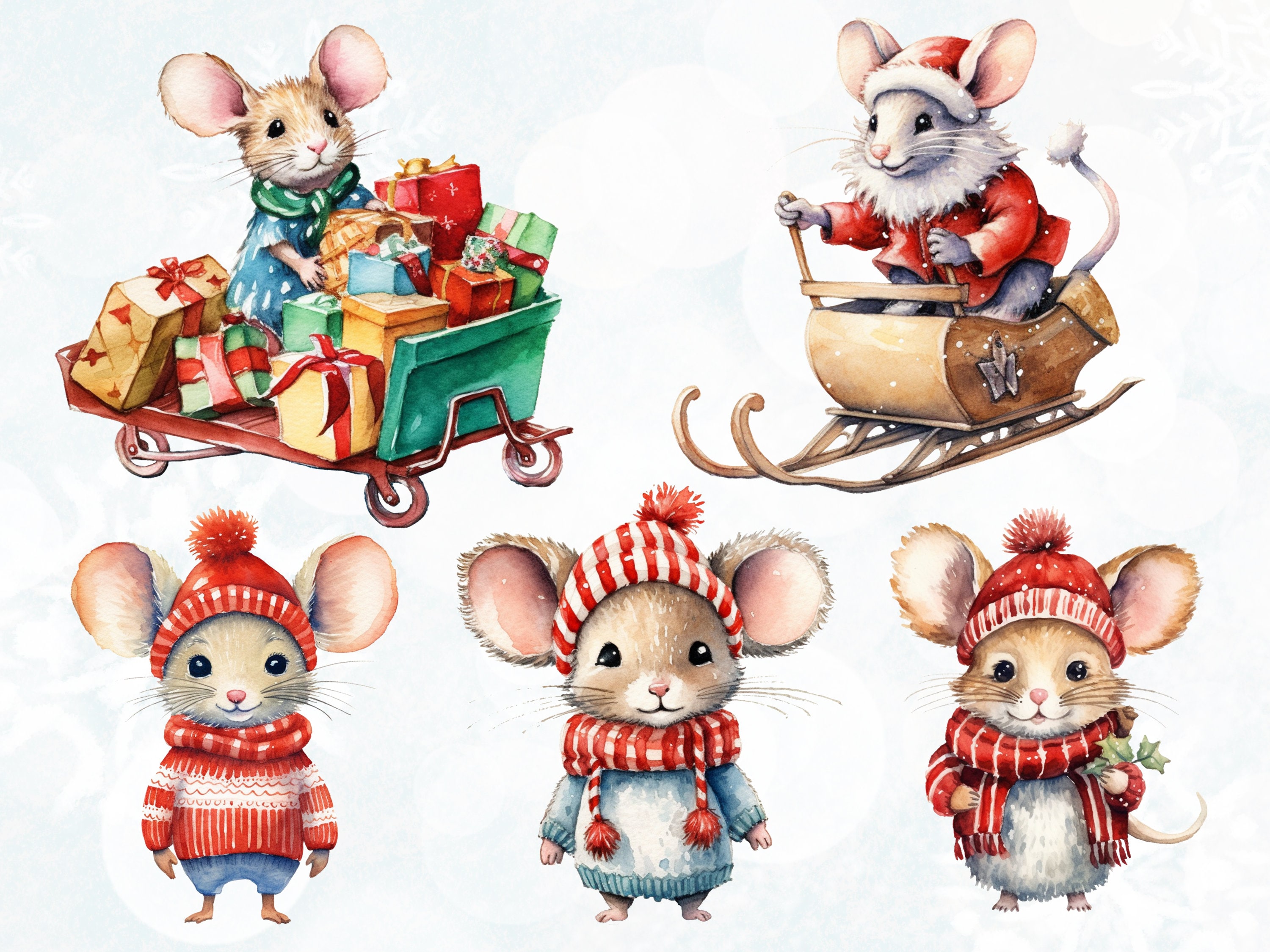 Christmas Mouse Mice Clipart Watercolor Bundle PNG Santa Hat Kids ...