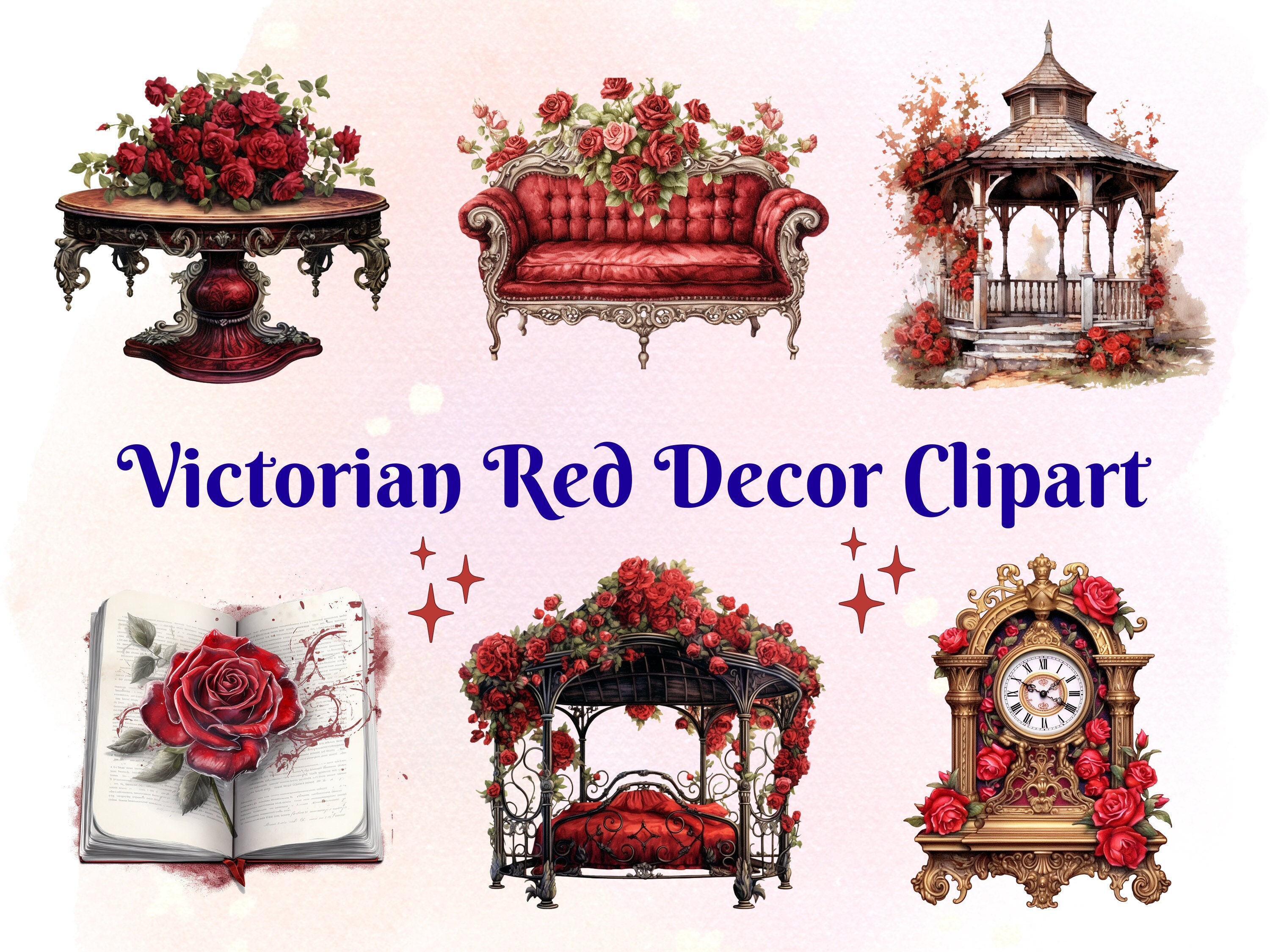 96 PNG Bundle Decor Victorian Vintage Red Rose, Watercolor Clipart ...