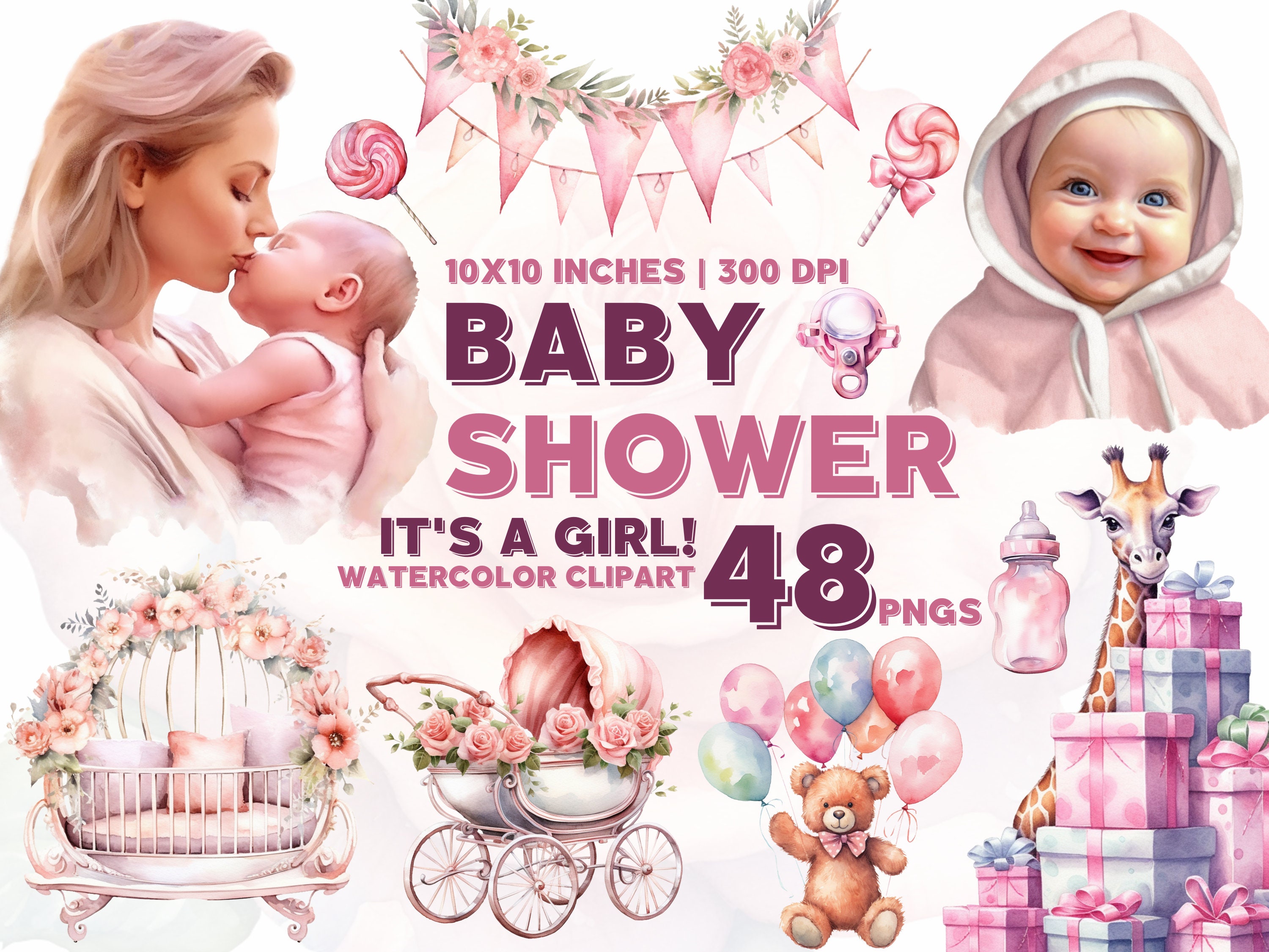 Baby Shower Girl Watercolor Clipart Bundle PNG Welcome Baby Baby Shower ...