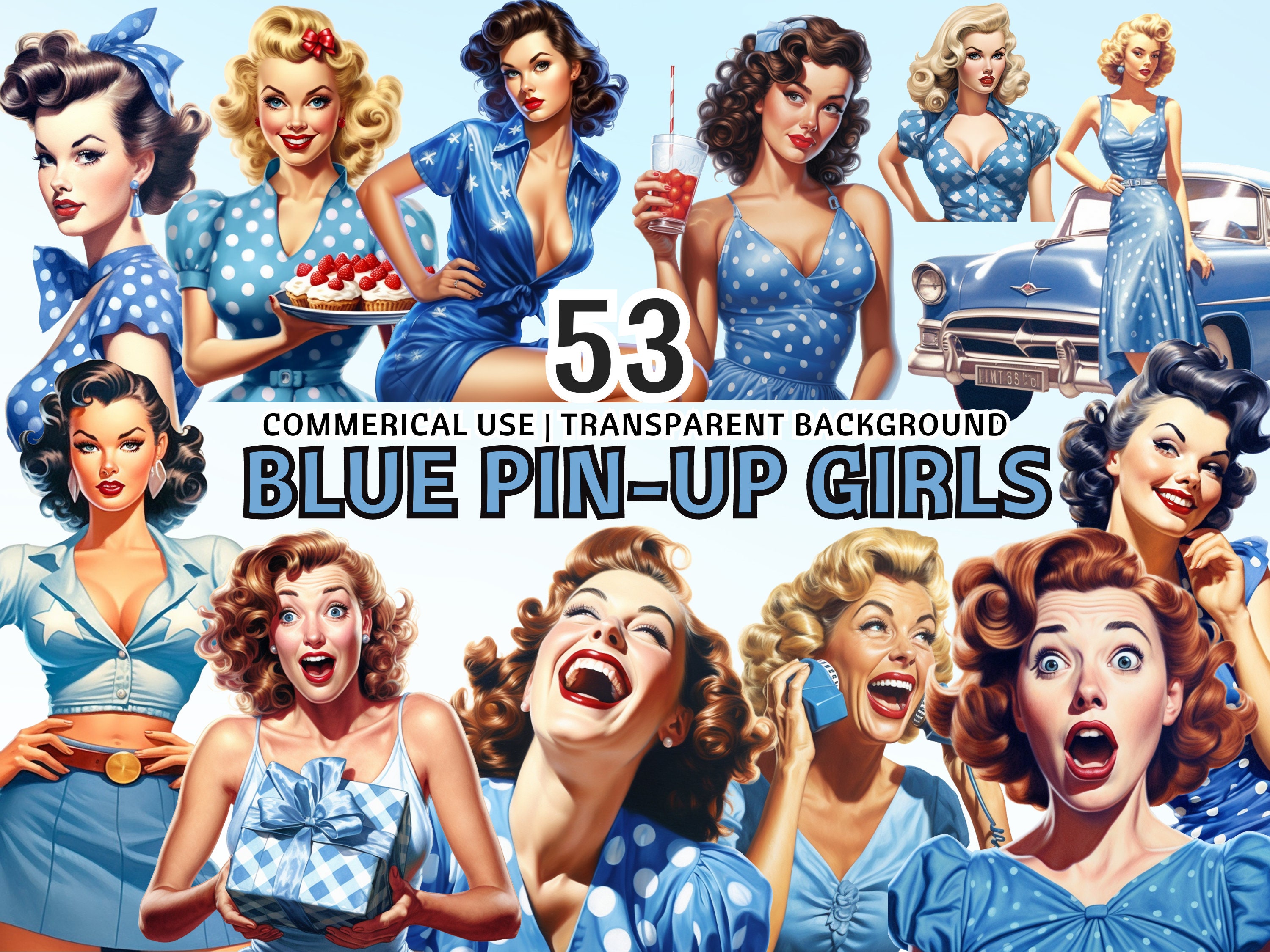 53 PNG Blue Vintage Retro Pin up Girls, 50's Housewifes, Polka Dot ...