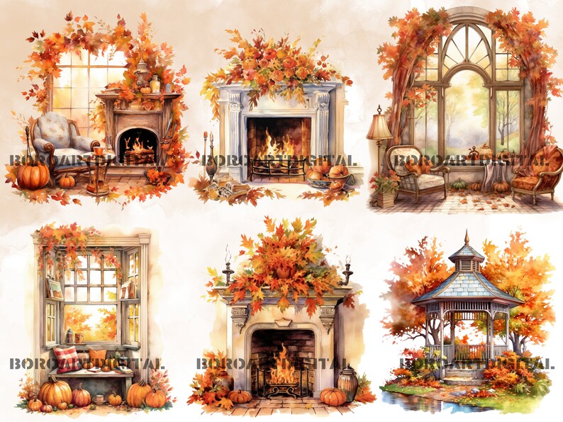 35 PNG Watercolor Cozy Fall Scenes Bundle Clipart, Autumn Fall ...