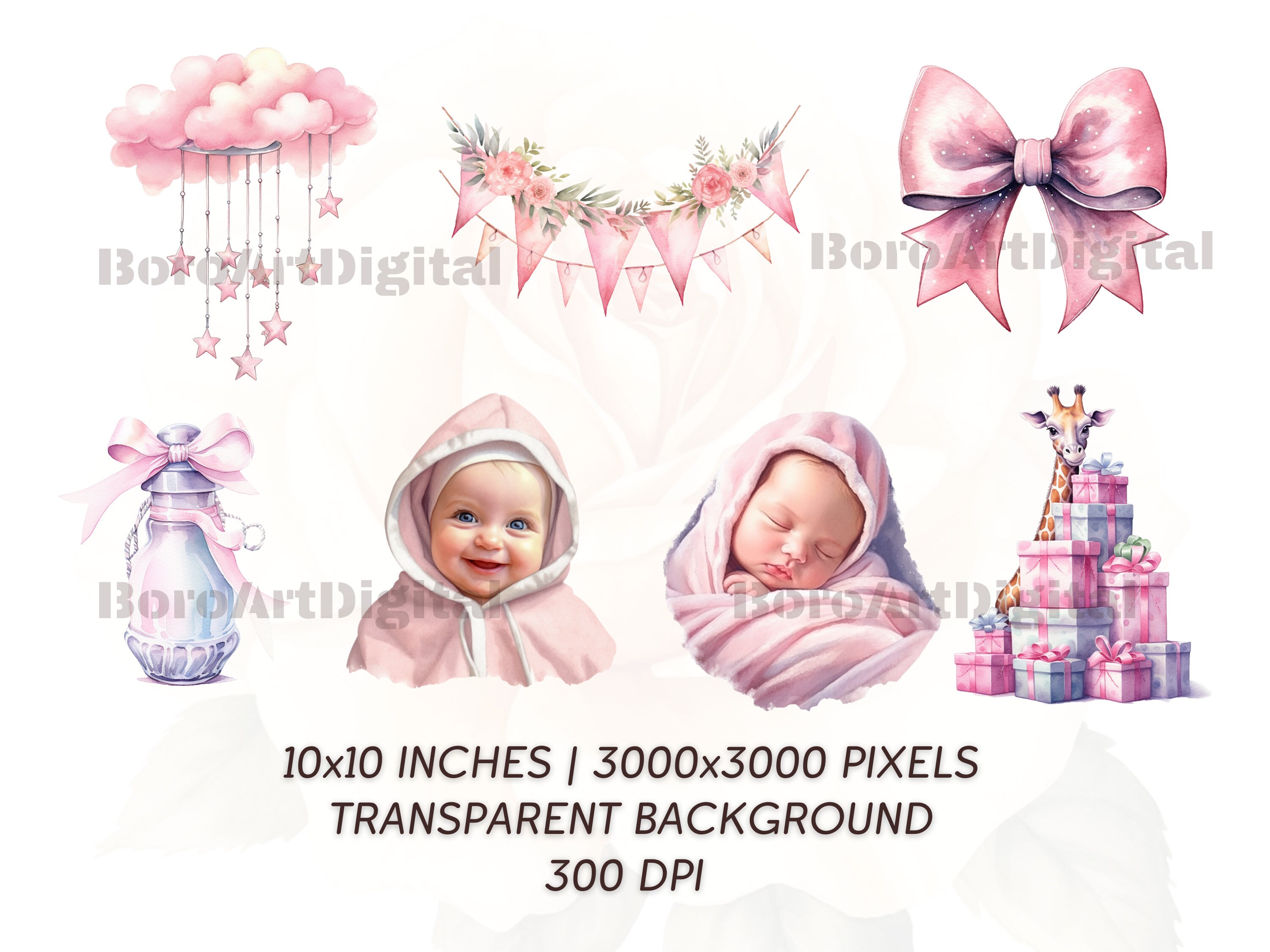 Baby Shower Girl Watercolor Clipart Bundle PNG Welcome Baby Baby Shower ...