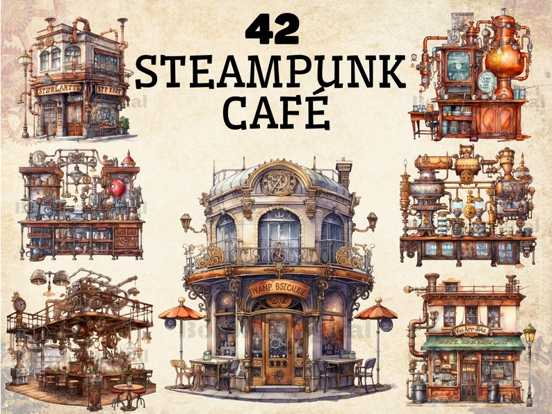 42 PNG Steampunk Cafe Watercolor Clipart Bundle Steampunk - Etsy