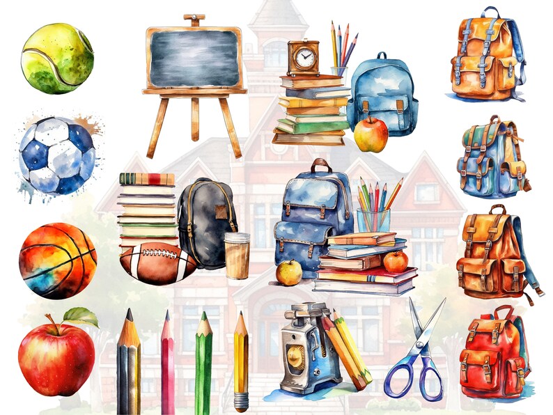 72 PNG Watercolor School Clipart, Back to School Educational, Teacher ...