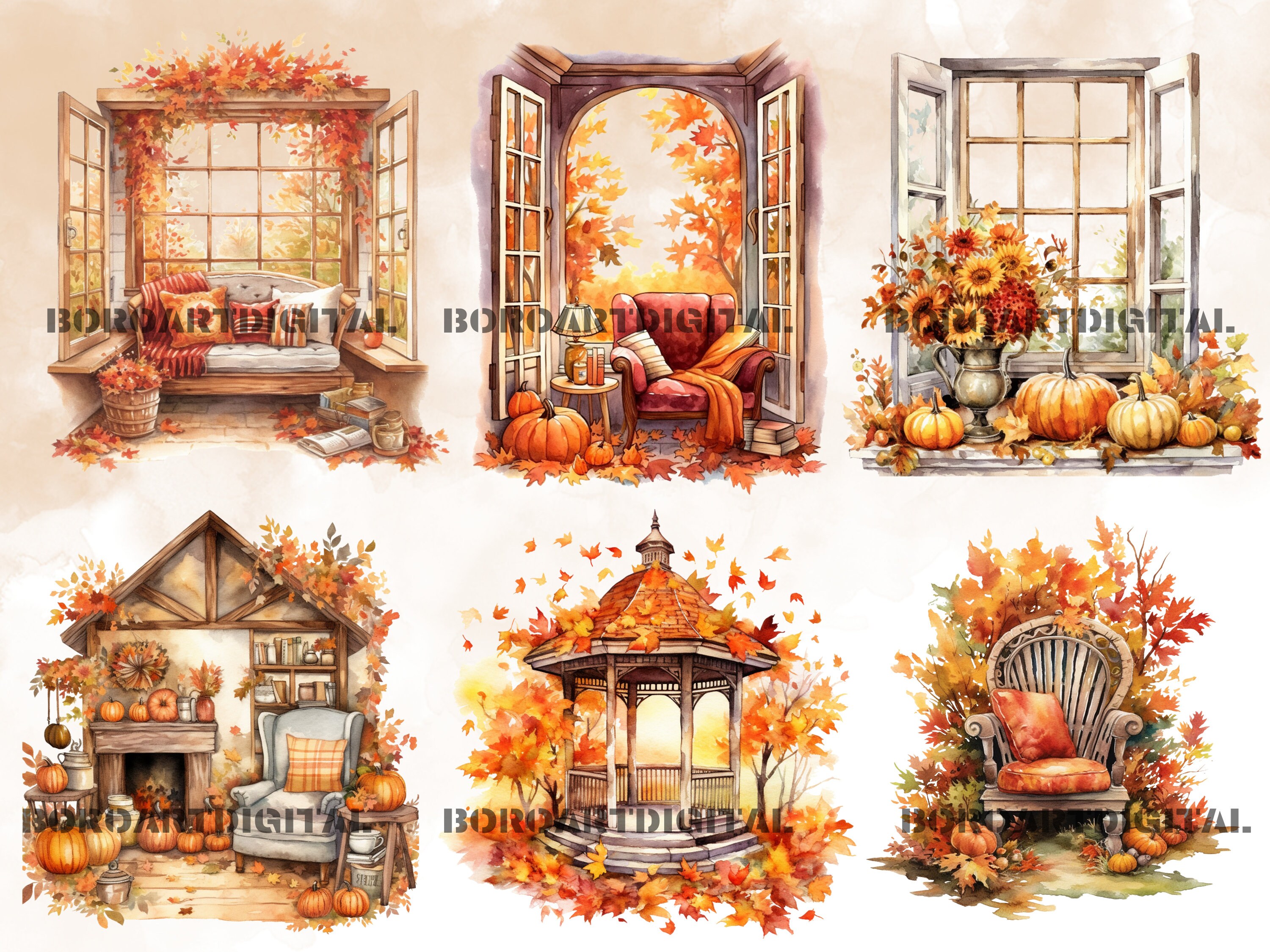 35 PNG Watercolor Cozy Fall Scenes Bundle Clipart, Autumn Fall ...