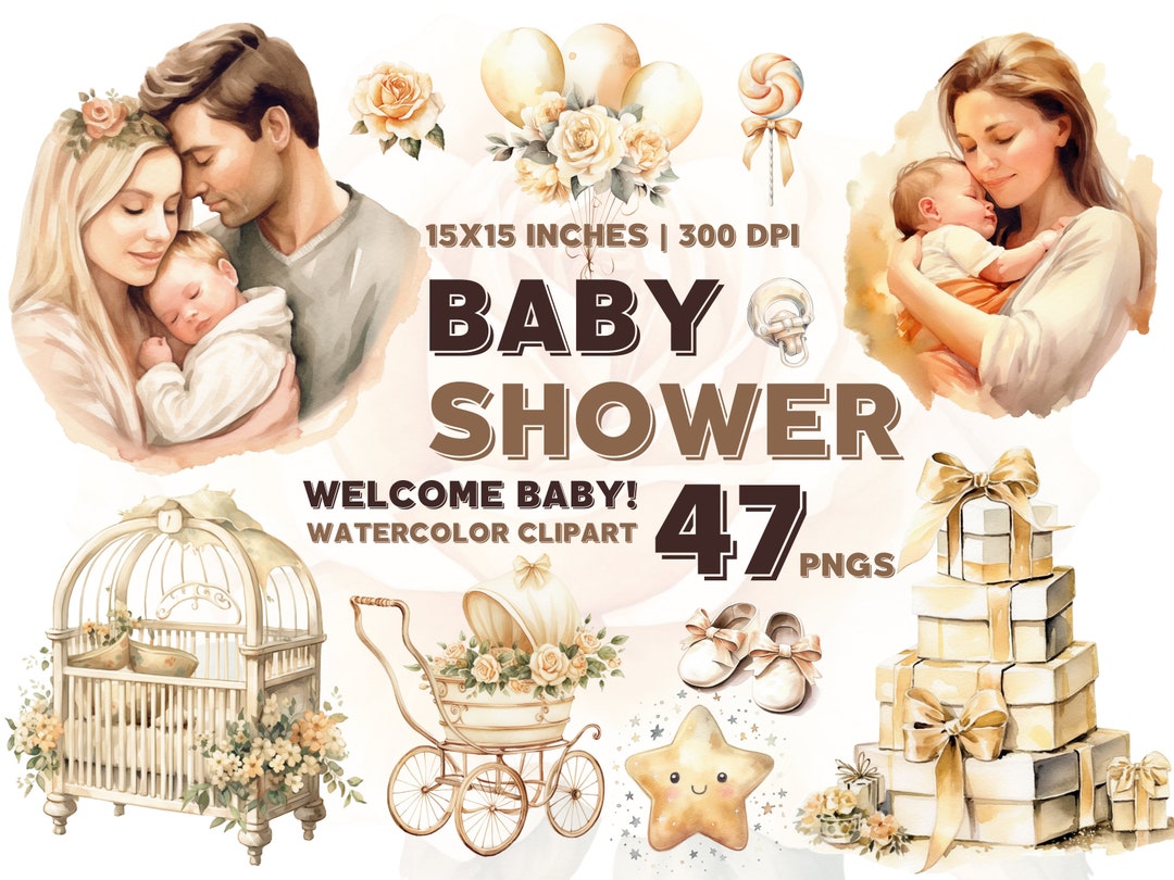 Baby Shower Watercolor Clipart Bundle PNG Welcome Baby Baby Shower ...