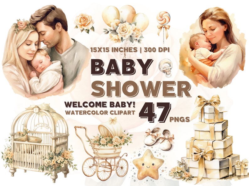Baby Shower Watercolor Clipart Bundle PNG Welcome Baby Baby Shower ...