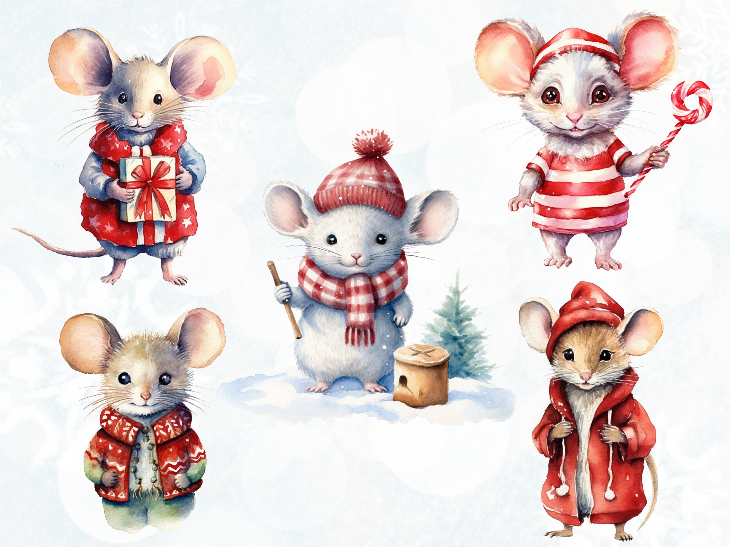 Christmas Mouse Mice Clipart Watercolor Bundle PNG Santa Hat - Etsy