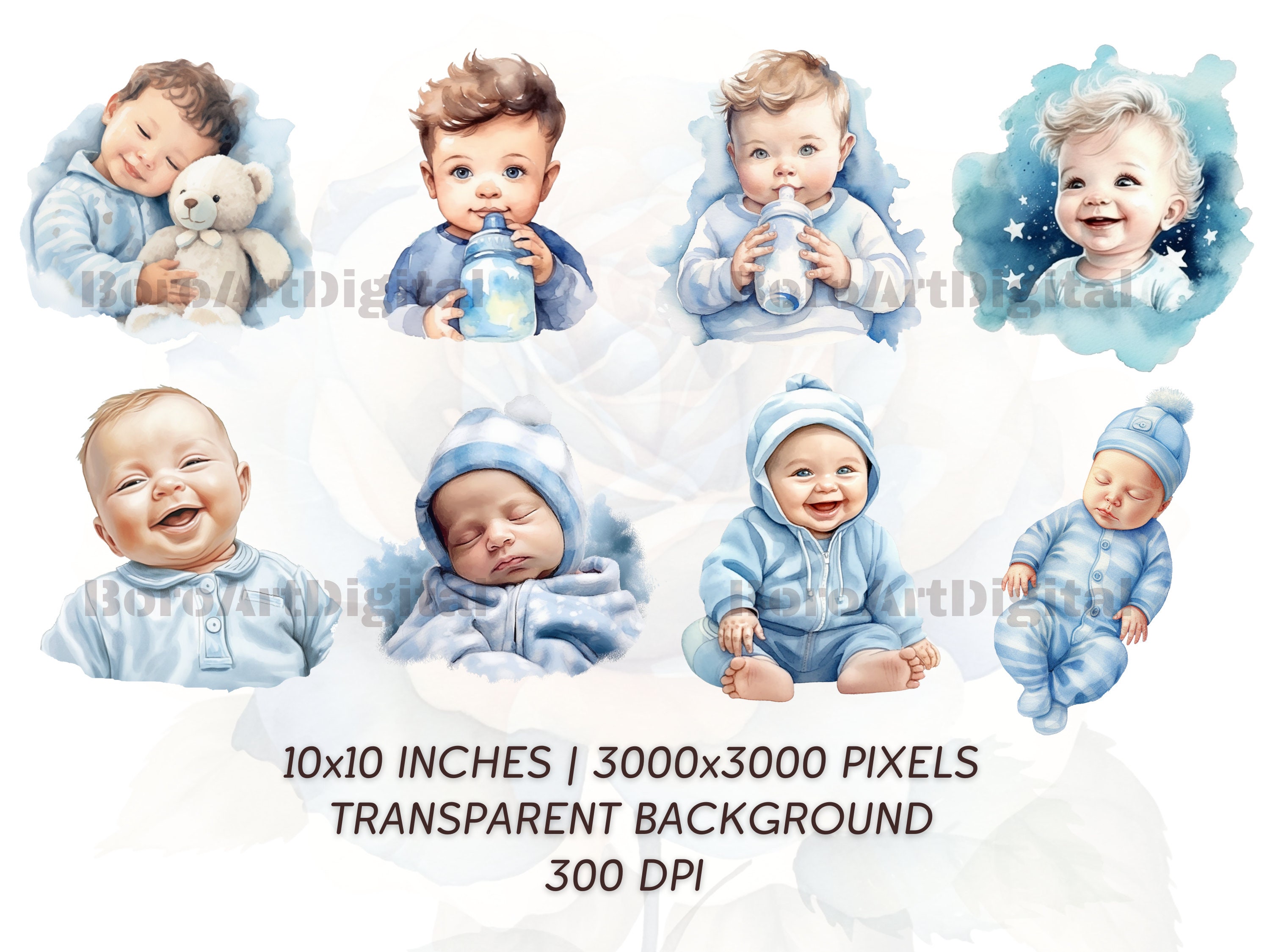 Baby Shower Boy Watercolor Clipart Bundle PNG Welcome Baby Baby Shower ...