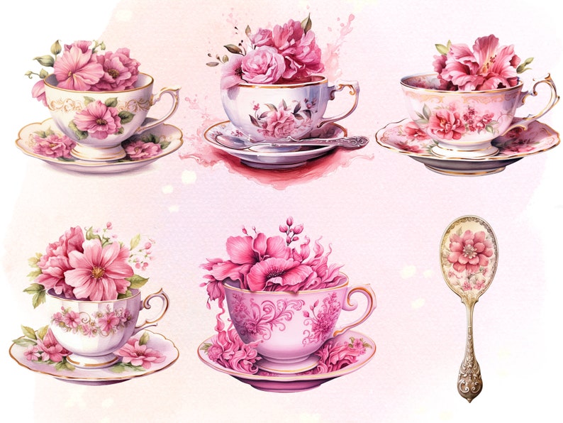 24 PNG Pink Victorian Tea Cup Teapot Clipart Watercolor, Victorian ...
