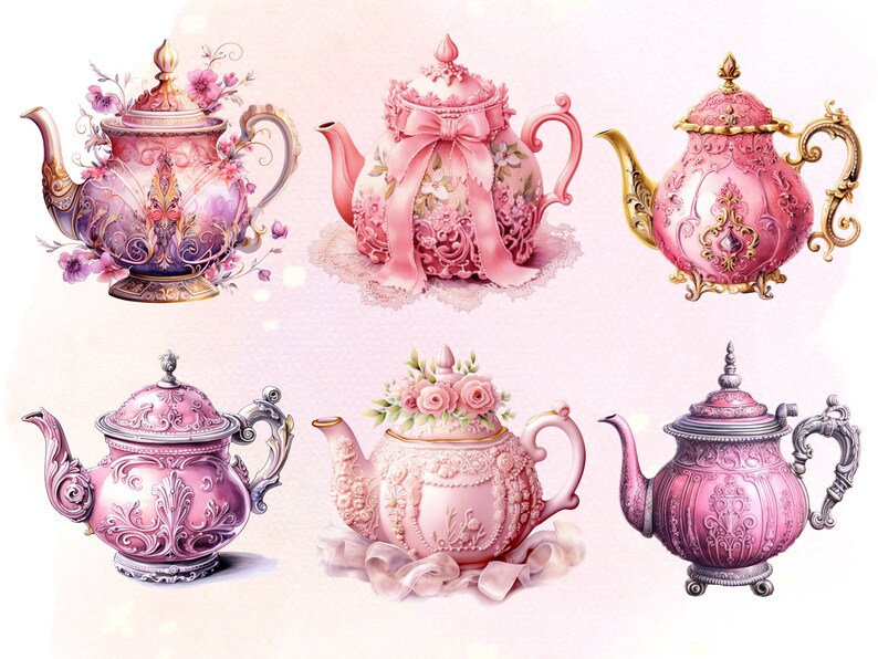 24 PNG Pink Victorian Tea Cup Teapot Clipart Watercolor, Victorian ...