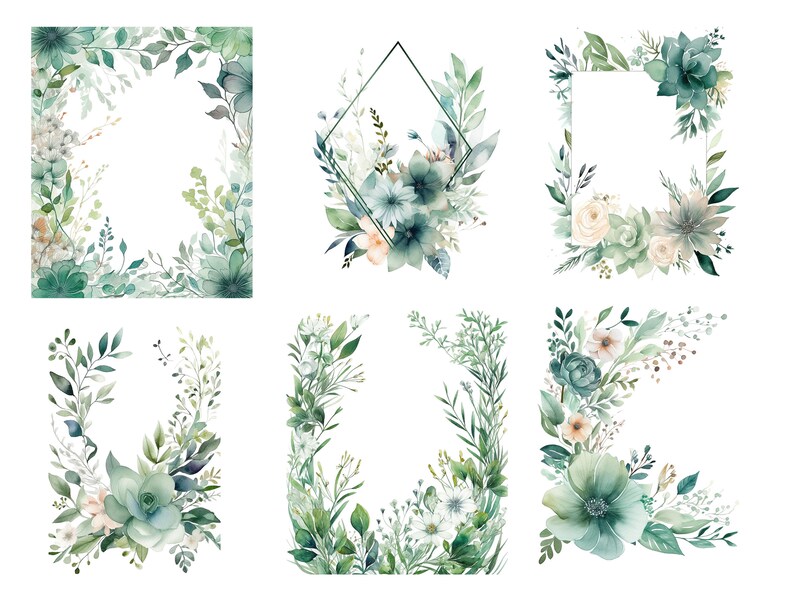 Watercolor Green Flower Frames Clipart: High DPI, Print-ready Floral ...