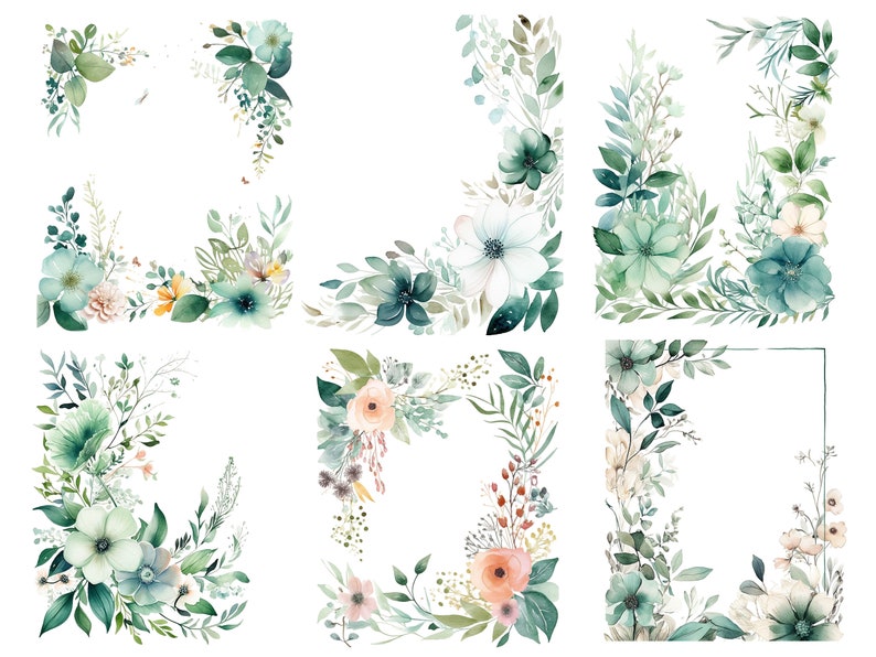 Watercolor Green Flower Frames Clipart: High DPI, Print-ready Floral ...
