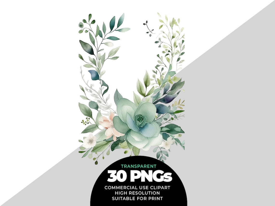 Watercolor Green Flower Frames Clipart: High DPI, Print-ready Floral ...