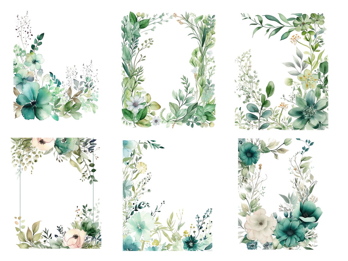 Watercolor Green Flower Frames Clipart: High DPI, Print-ready Floral ...
