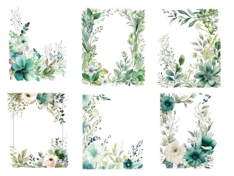 Watercolor Green Flower Frames Clipart: High DPI, Print-ready Floral ...
