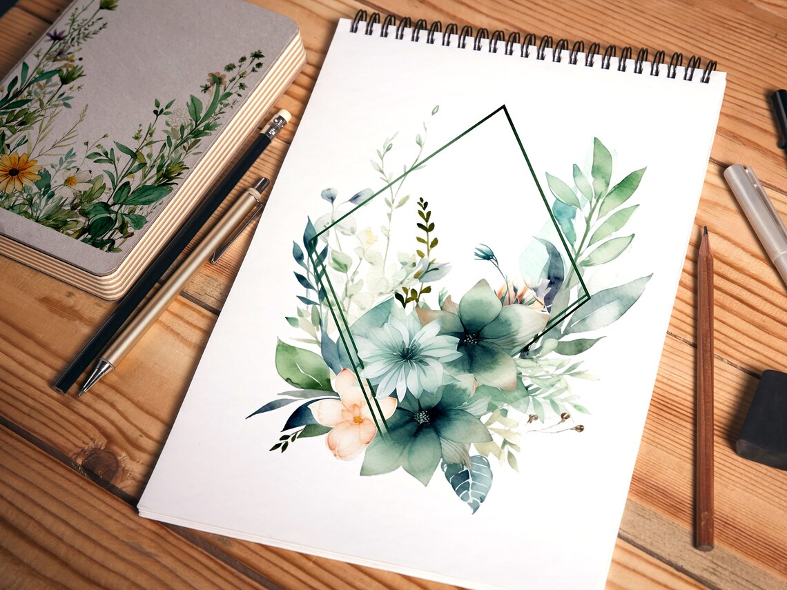 Watercolor Green Flower Frames Clipart: High DPI, Print-ready Floral ...