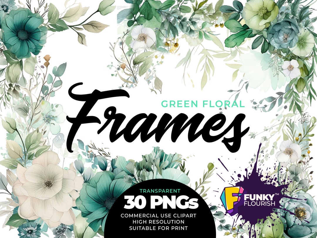 Watercolor Green Flower Frames Clipart: High DPI, Print-ready Floral ...